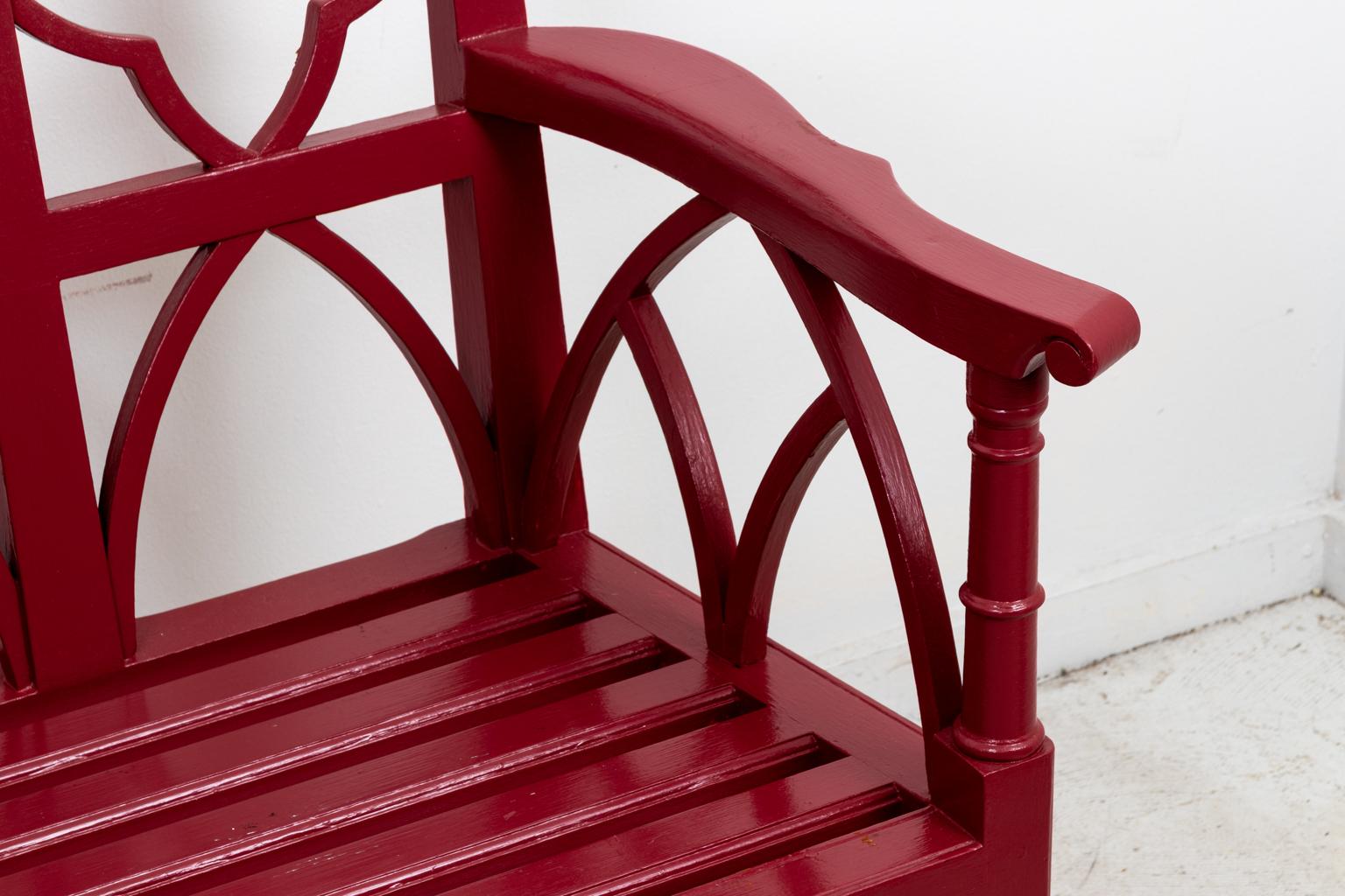 Red Chinese Chippendale Style Painted Bench For Sale at 1stDibs