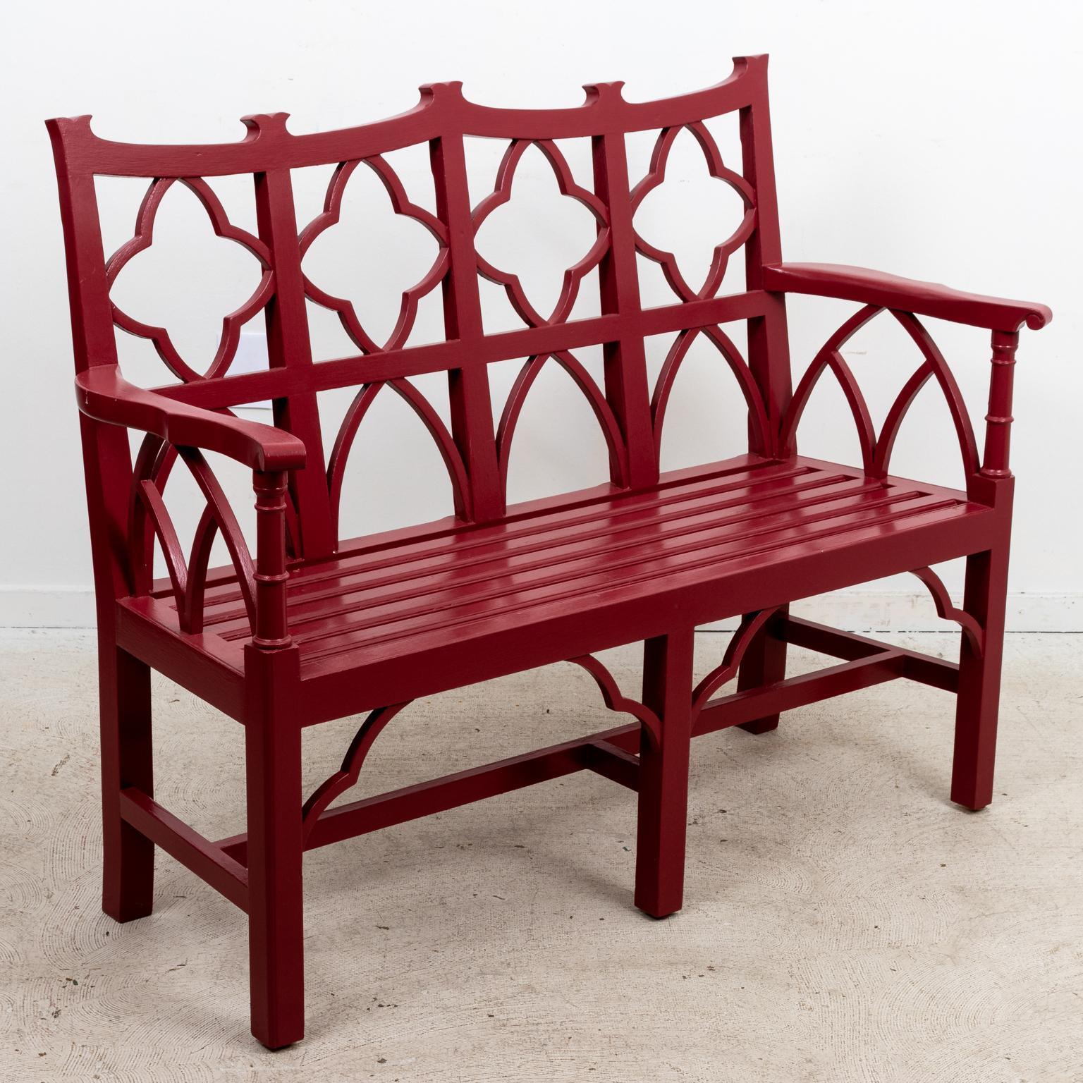 Red Chinese Chippendale Style Painted Bench For Sale at 1stDibs