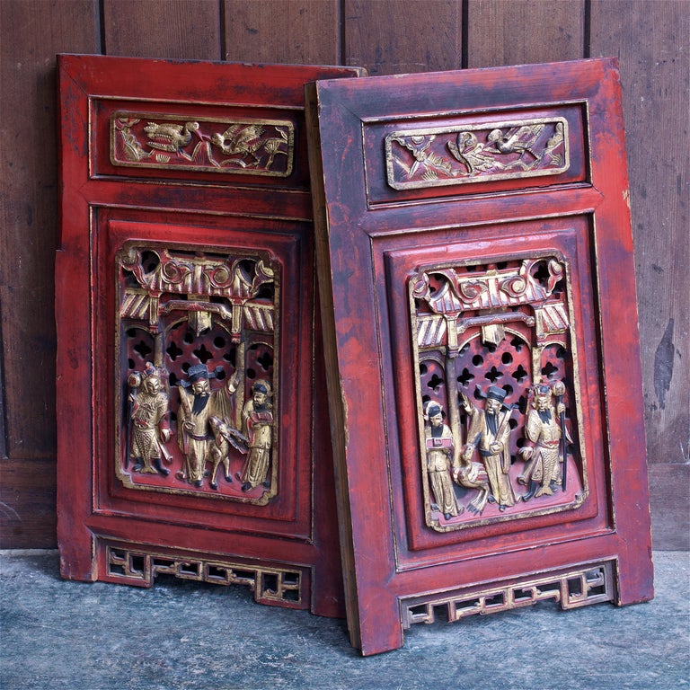 Red Chinese Wedding Doors Shutters Wall Art Rustic Red Lacquered Gilt ...