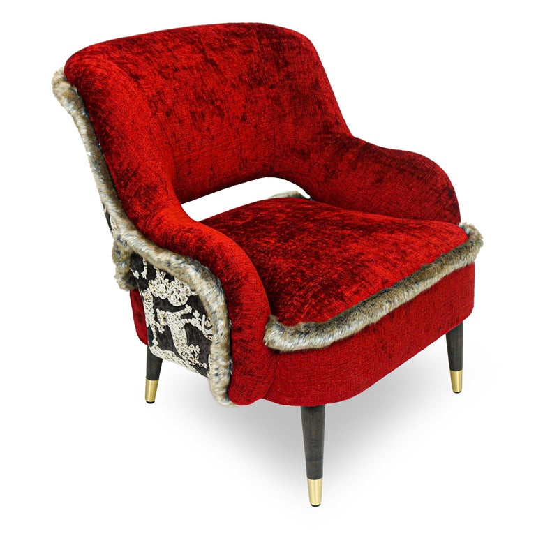 Red Club Chair with Faux Mink Welting and Tiger Patterned Back For Sale ...