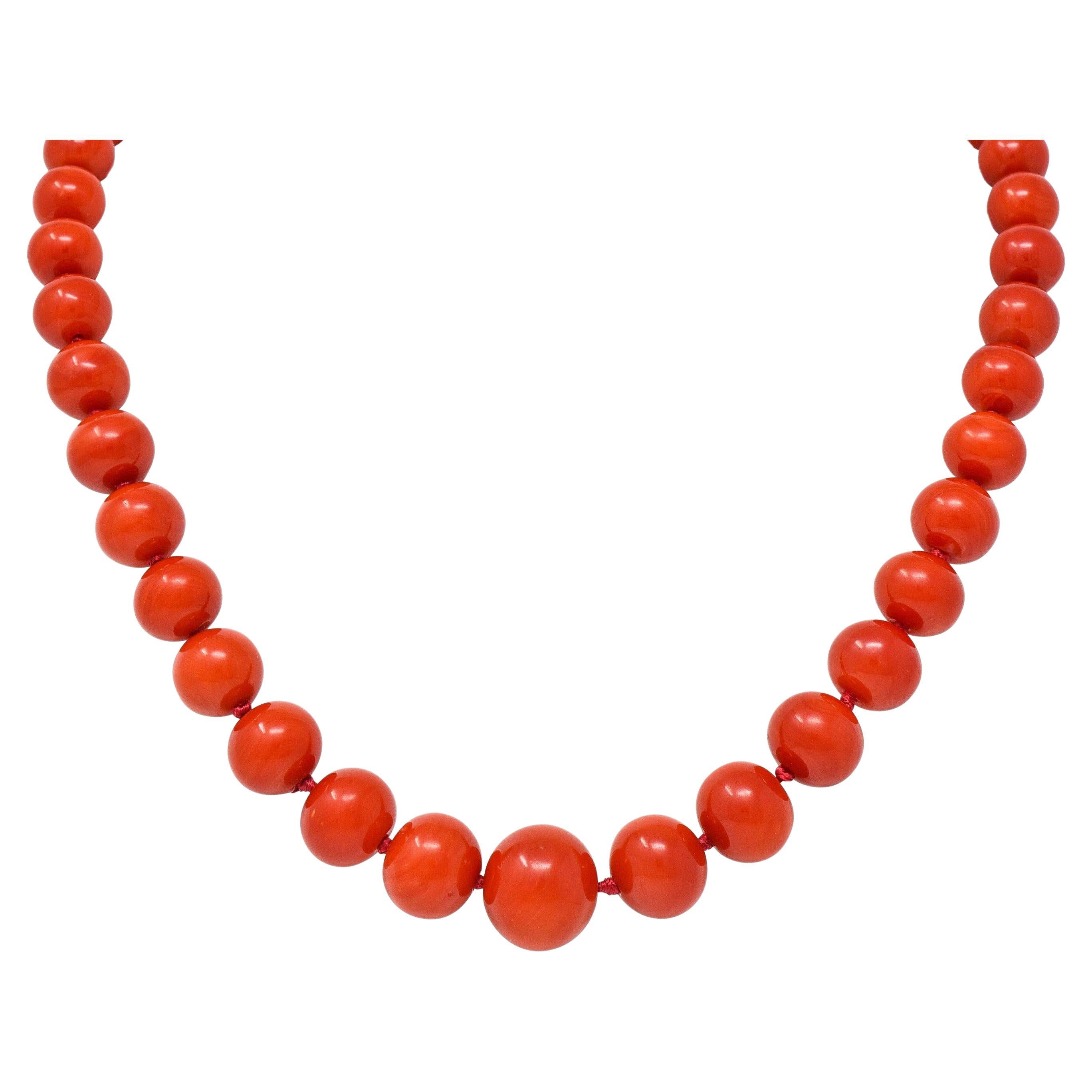 Red Coral 18 Karat Yellow Gold Coral Bead Strand Vintage Necklace GIA ...