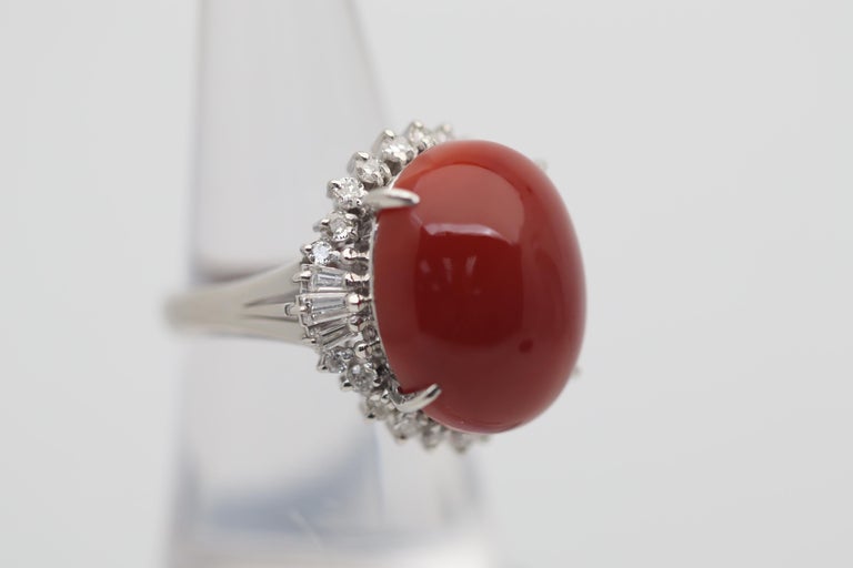 Red Coral Diamond Platinum Cocktail Ring For Sale at 1stDibs