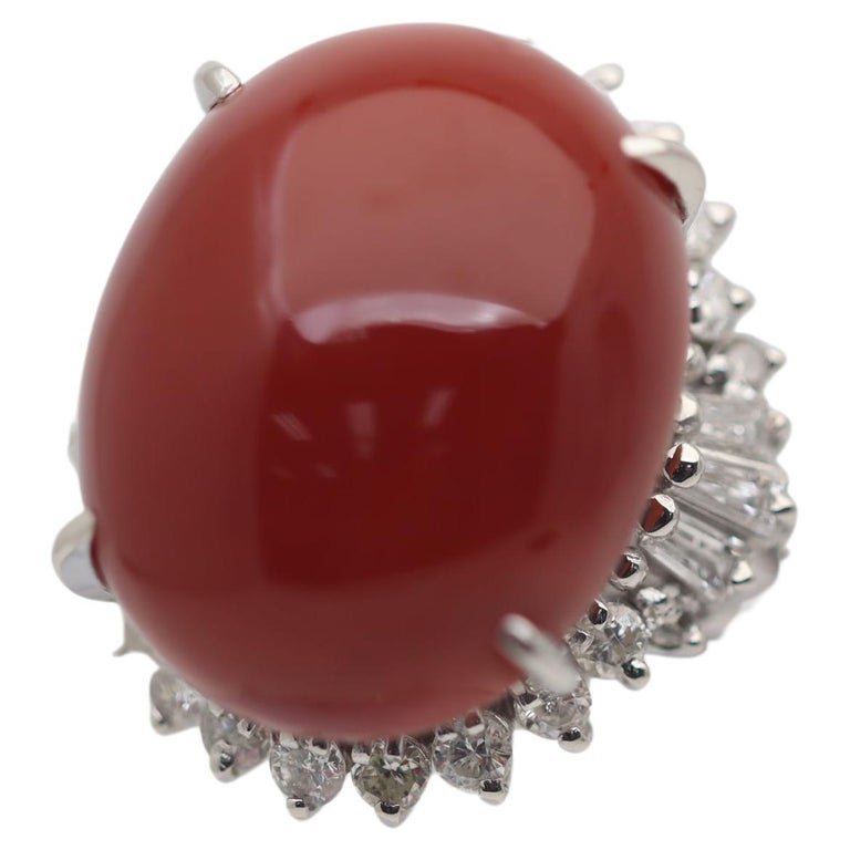 Red Coral Diamond Platinum Cocktail Ring For Sale at 1stDibs
