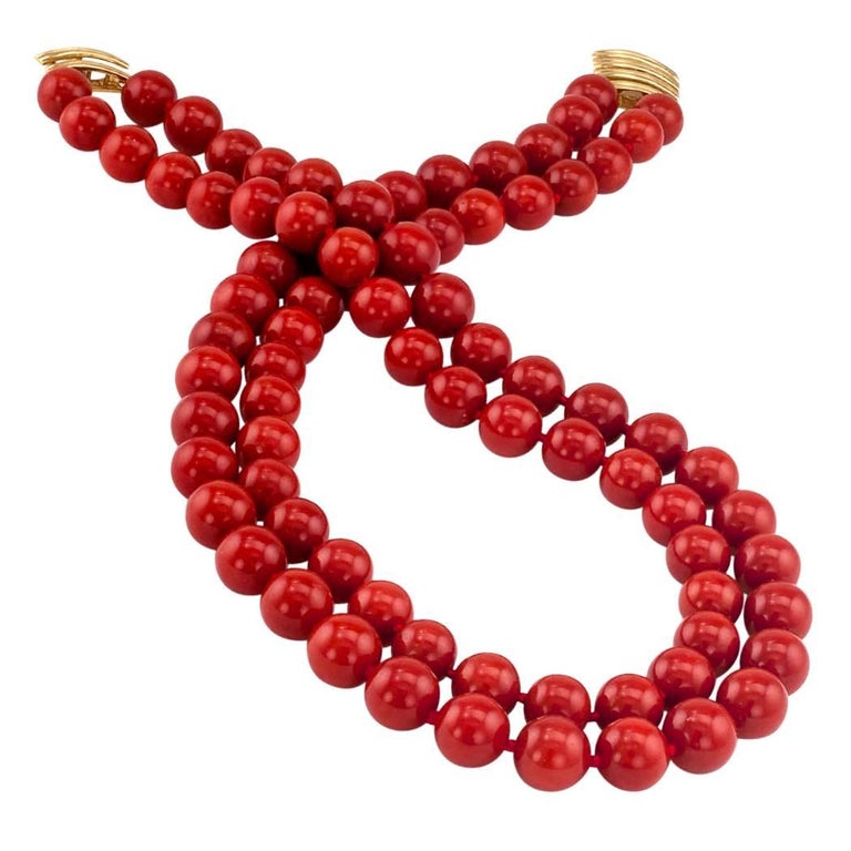Red Coral Double Strand Bead Necklace at 1stDibs