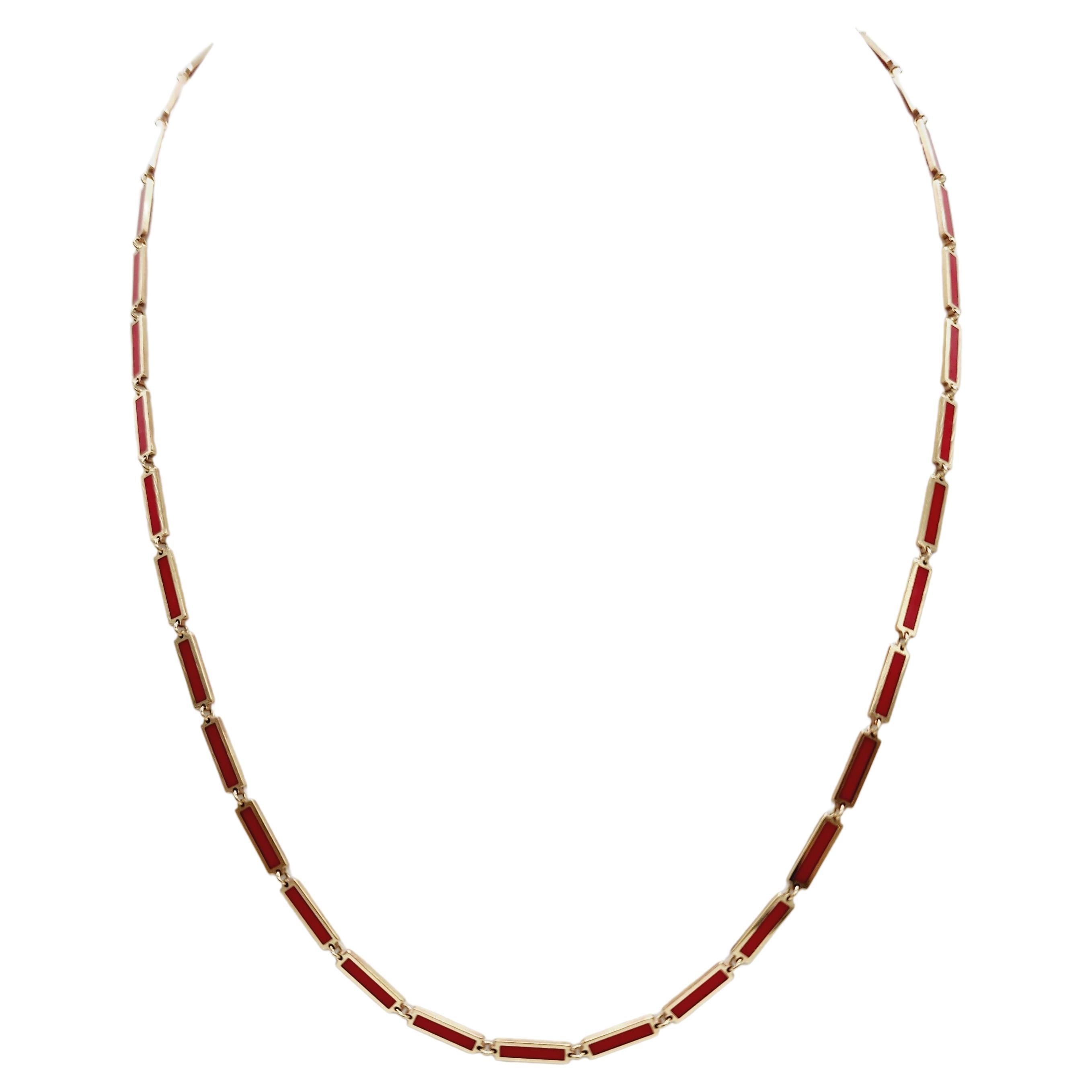 Red Coral Gem Yellow Gold Link Chain Necklace 24'' For Sale at 1stDibs