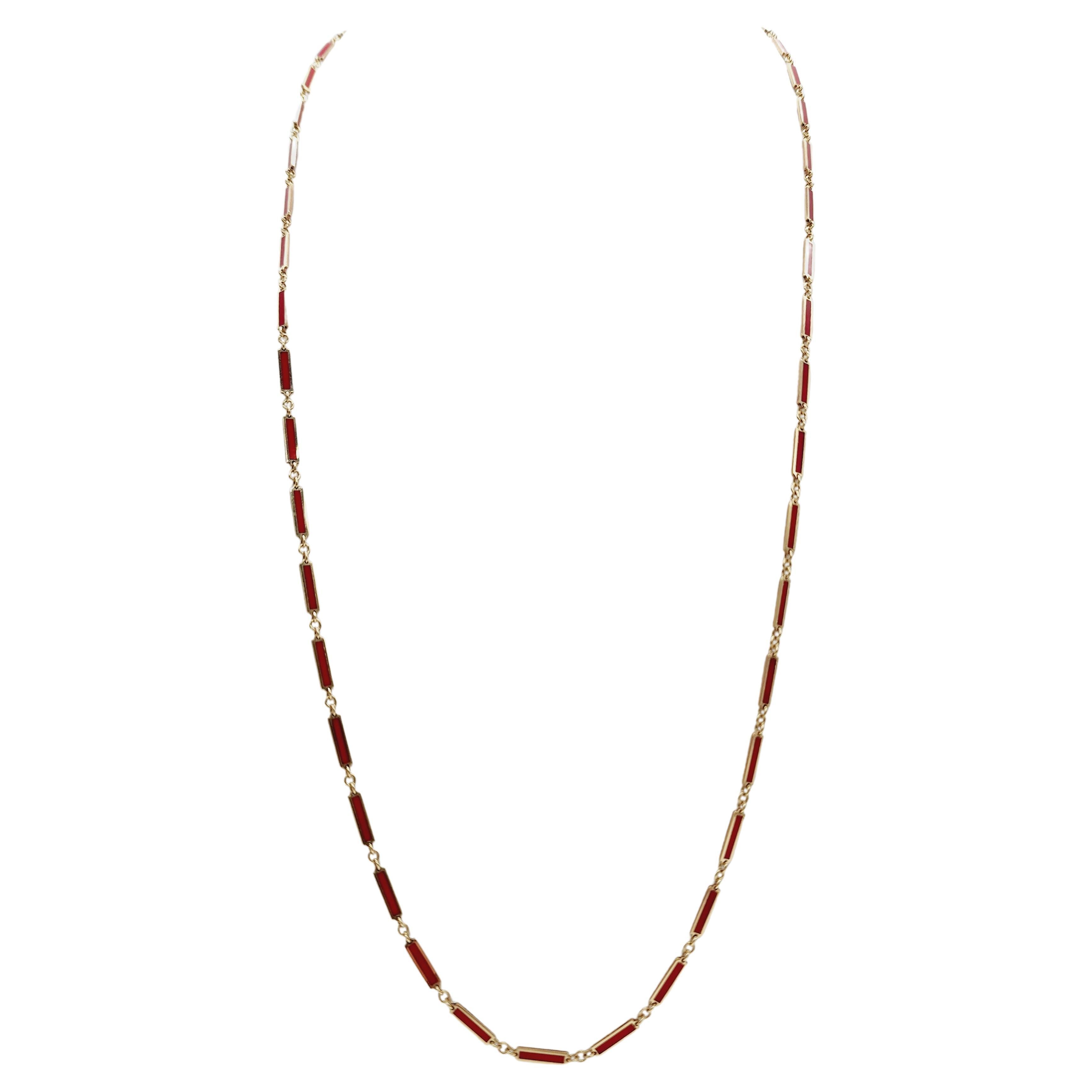 Red Coral Gem Yellow Gold Link Chain Necklace 24'' For Sale at 1stDibs
