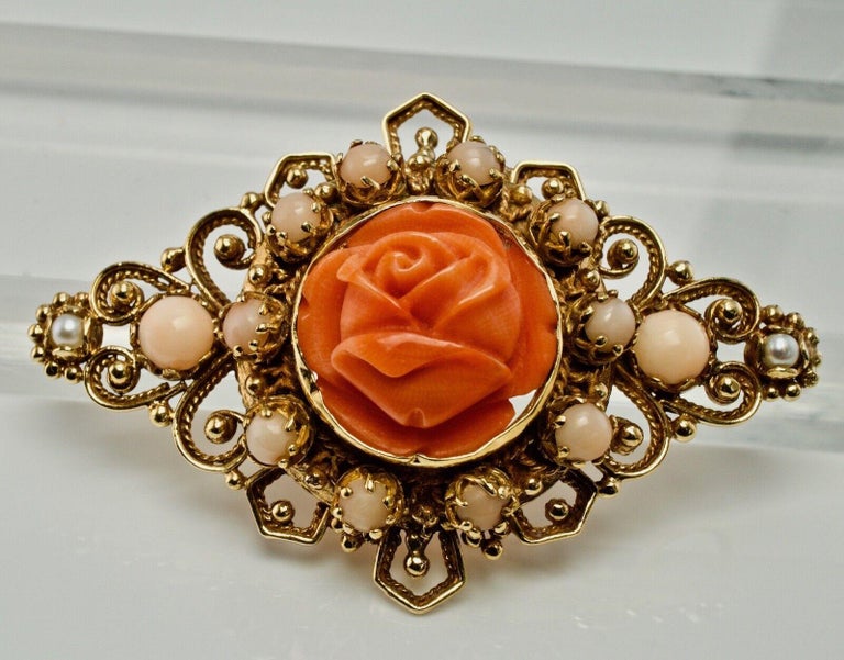 Red Coral Pearl Rose Flower Pendant Brooch 14K Yellow Gold For Sale at ...