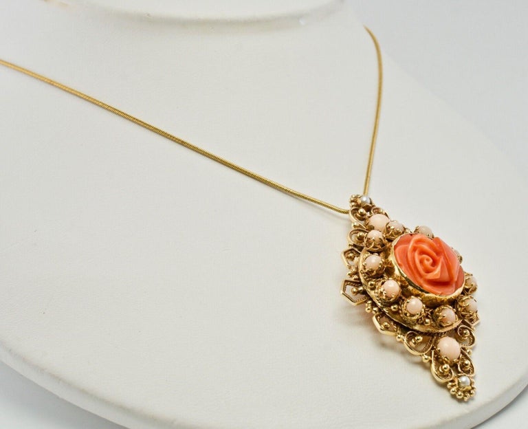 Red Coral Pearl Rose Flower Pendant Brooch 14K Yellow Gold For Sale at ...