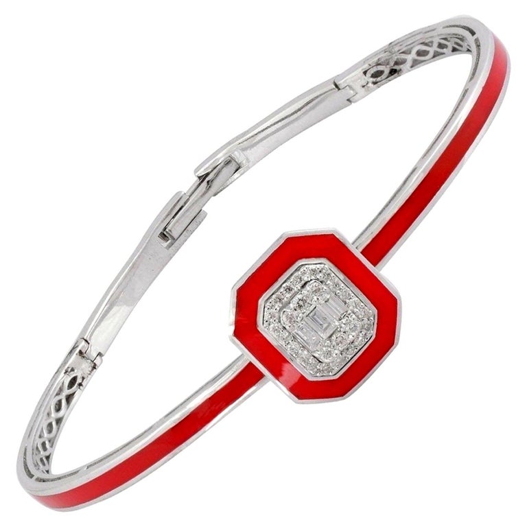 Red Enamel 18 Karat White Gold Diamond Bangle Bracelet For Sale at 1stDibs