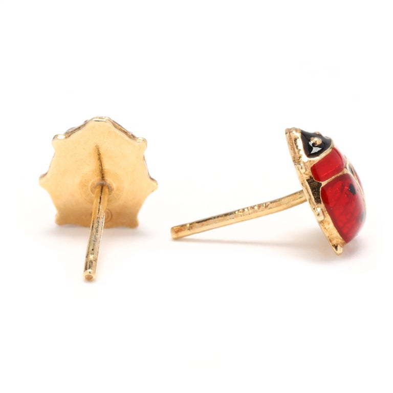Red Enamel Ladybug Stud Earrings, 14KT Yellow Gold For Sale at 1stDibs
