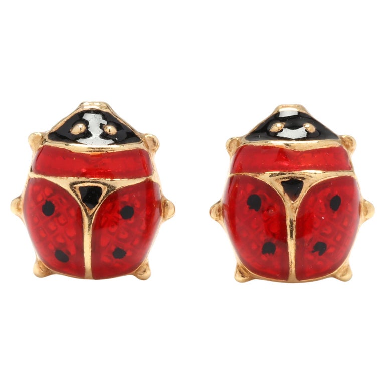 Red Enamel Ladybug Stud Earrings, 14KT Yellow Gold For Sale at 1stDibs