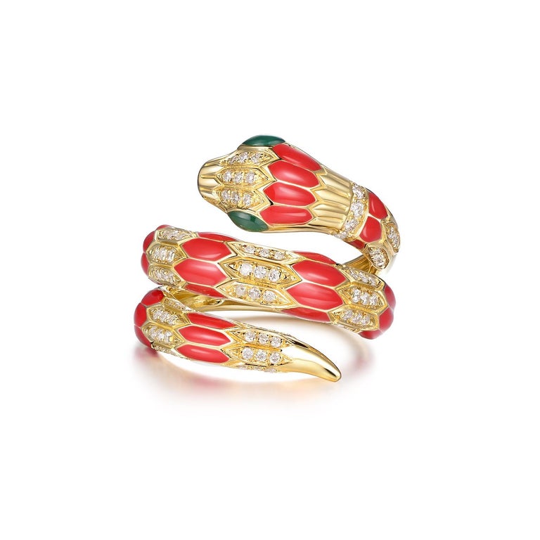 Red Enamel Snake Diamond Ring in 18 Karat Yellow Gold For Sale at 1stDibs