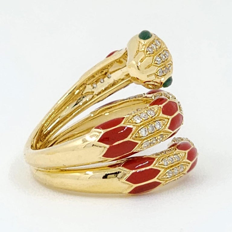 Red Enamel Snake Diamond Ring in 18 Karat Yellow Gold For Sale at 1stDibs