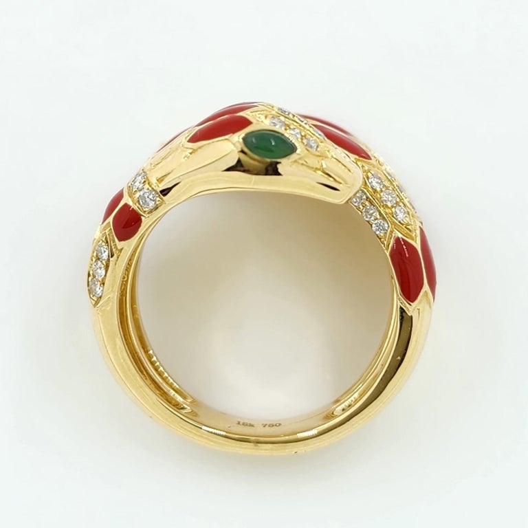Red Enamel Snake Diamond Ring in 18 Karat Yellow Gold For Sale at 1stDibs