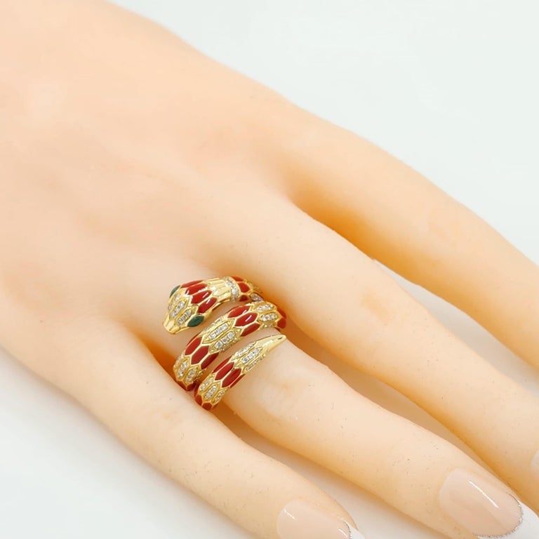 Red Enamel Snake Diamond Ring in 18 Karat Yellow Gold For Sale at 1stDibs