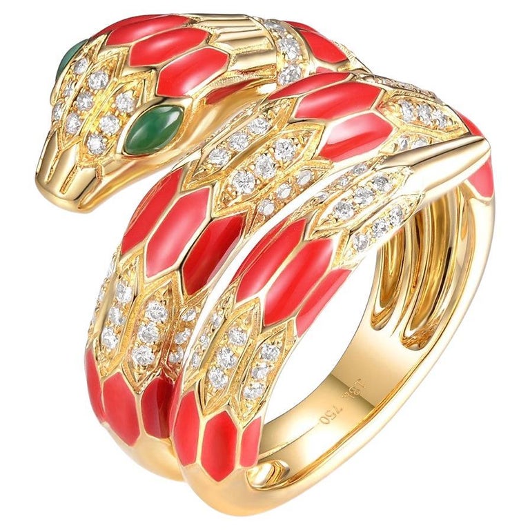Red Enamel Snake Diamond Ring in 18 Karat Yellow Gold For Sale at 1stDibs