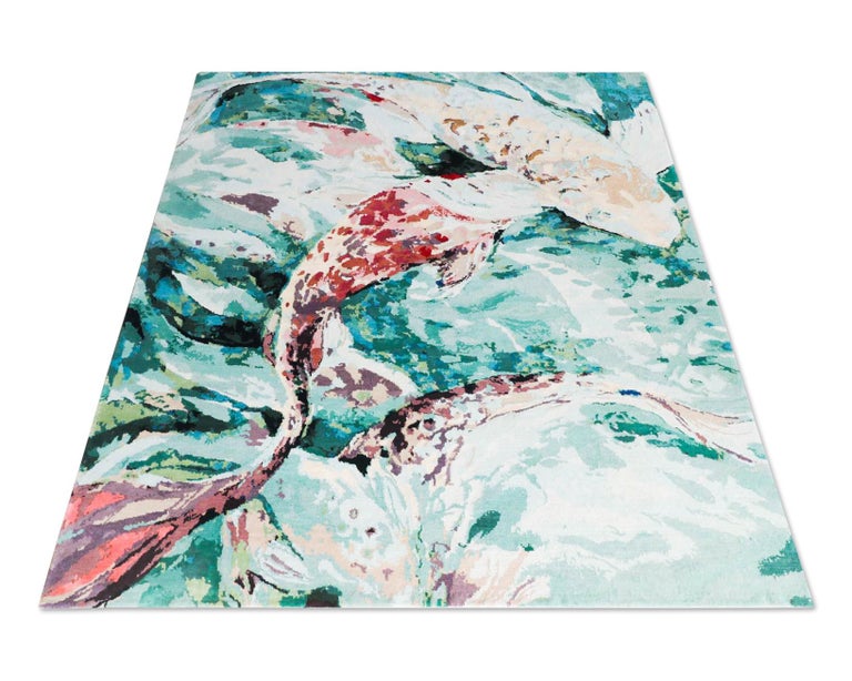Red Fish - Animalistic Contemporary Hand Knotted Wool Silk Rug For Sale ...