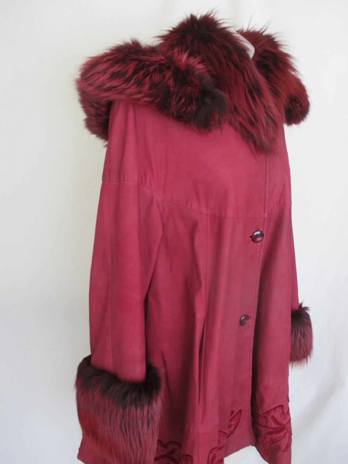 Red Flared Hooded Suede Fur Cape Coat For Sale at 1stDibs