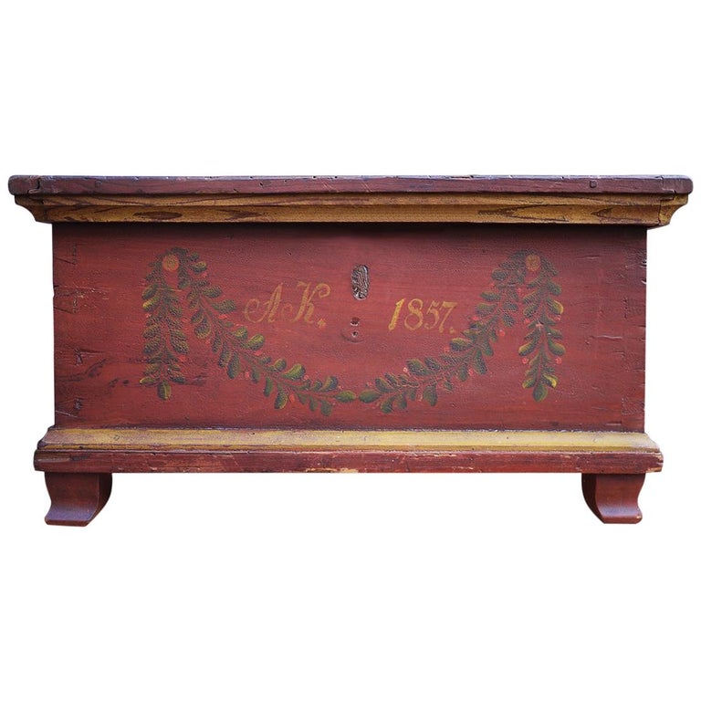 Red Floral Painted Chest Box, 1857 at 1stDibs