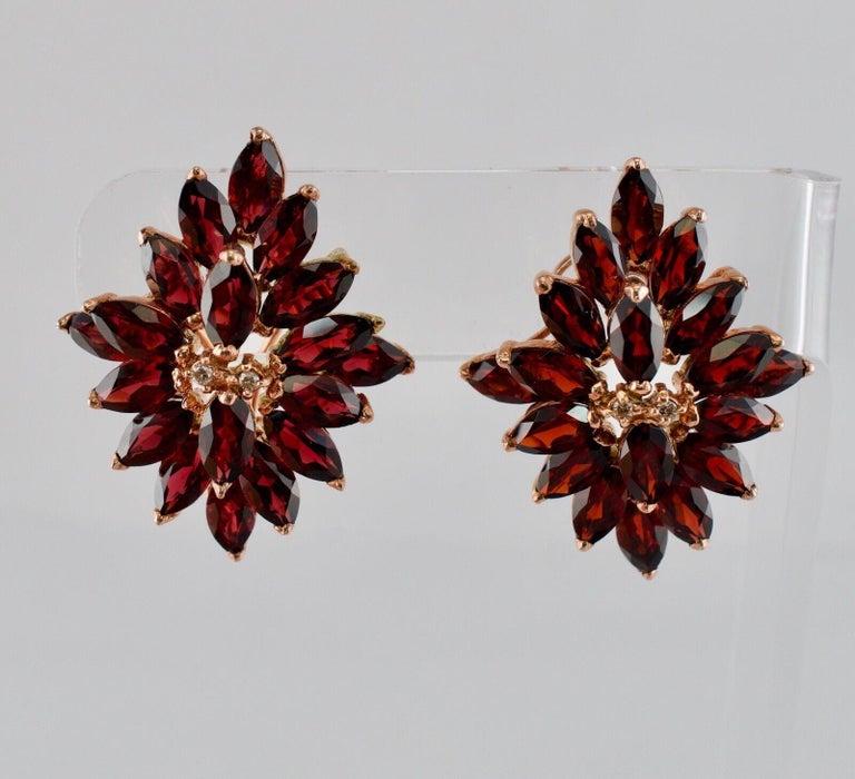 Red Garnet Diamond Earrings Flower 14K Rose Gold Vintage For Sale at ...
