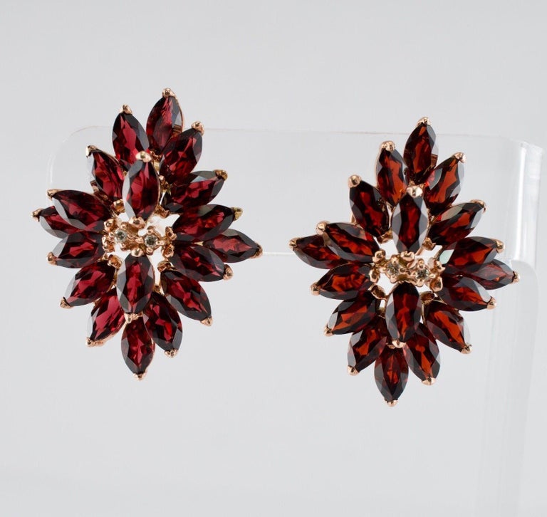 Red Garnet Diamond Earrings Flower 14K Rose Gold Vintage For Sale at ...