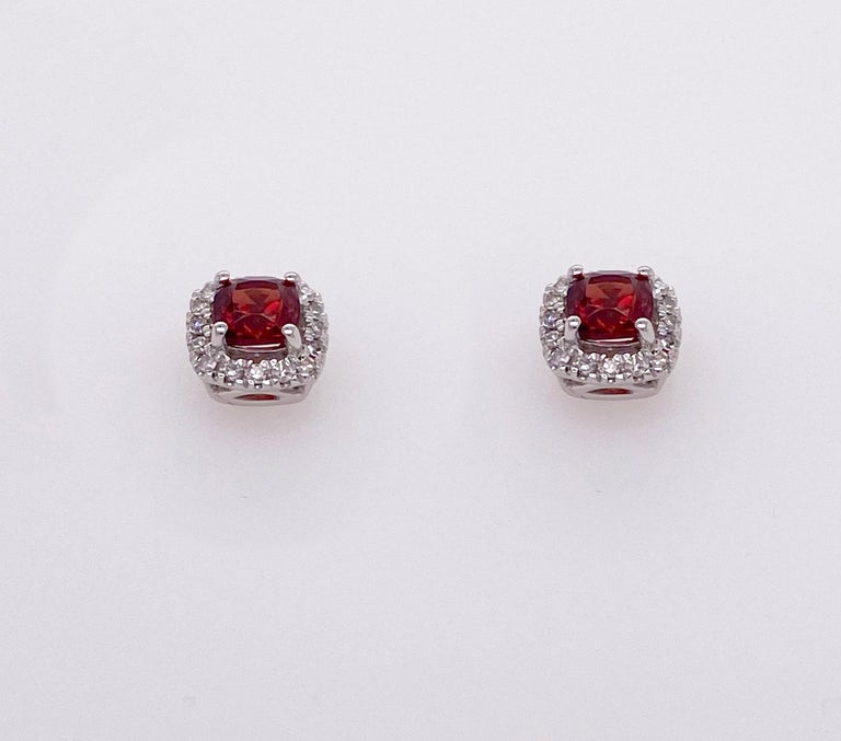 Red Garnet Diamond Earrings w Halo of Diamonds Stud Earrings, White For ...
