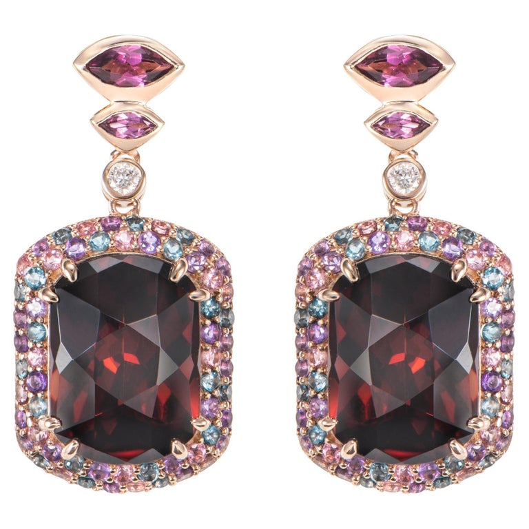 Red Garnet, Multi Gemstone and White Diamond Drop Earring in 18KRG. For ...