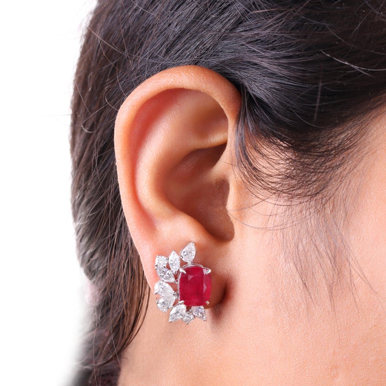 Red Gemstone Stud Earrings Diamond 18 Karat White Gold Handmade Fine ...