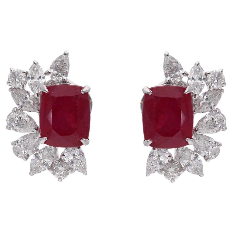 Red Gemstone Stud Earrings Diamond 18 Karat White Gold Handmade Fine ...