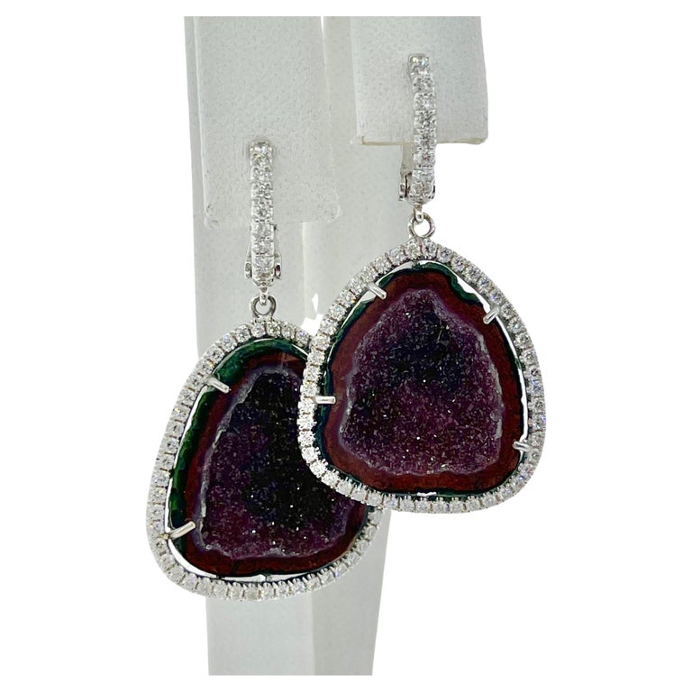 Red Geode Diamond Halo Earrings For Sale at 1stDibs