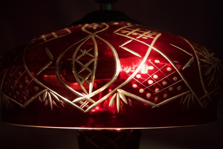 Red Glass Table Lamp with Brass Base, France, 1950s For Sale at 1stDibs