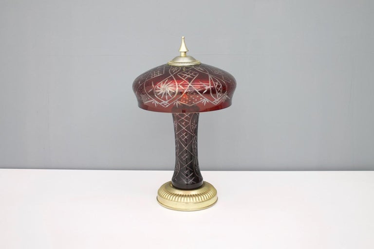 Red Glass Table Lamp with Brass Base, France, 1950s For Sale at 1stDibs