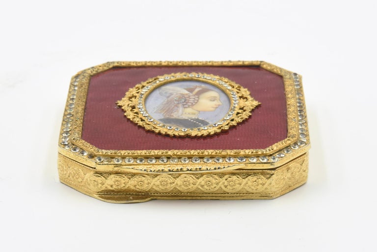 Red Guilloche Enamel Gilt Portrait of Period Lady Compact Powder or ...