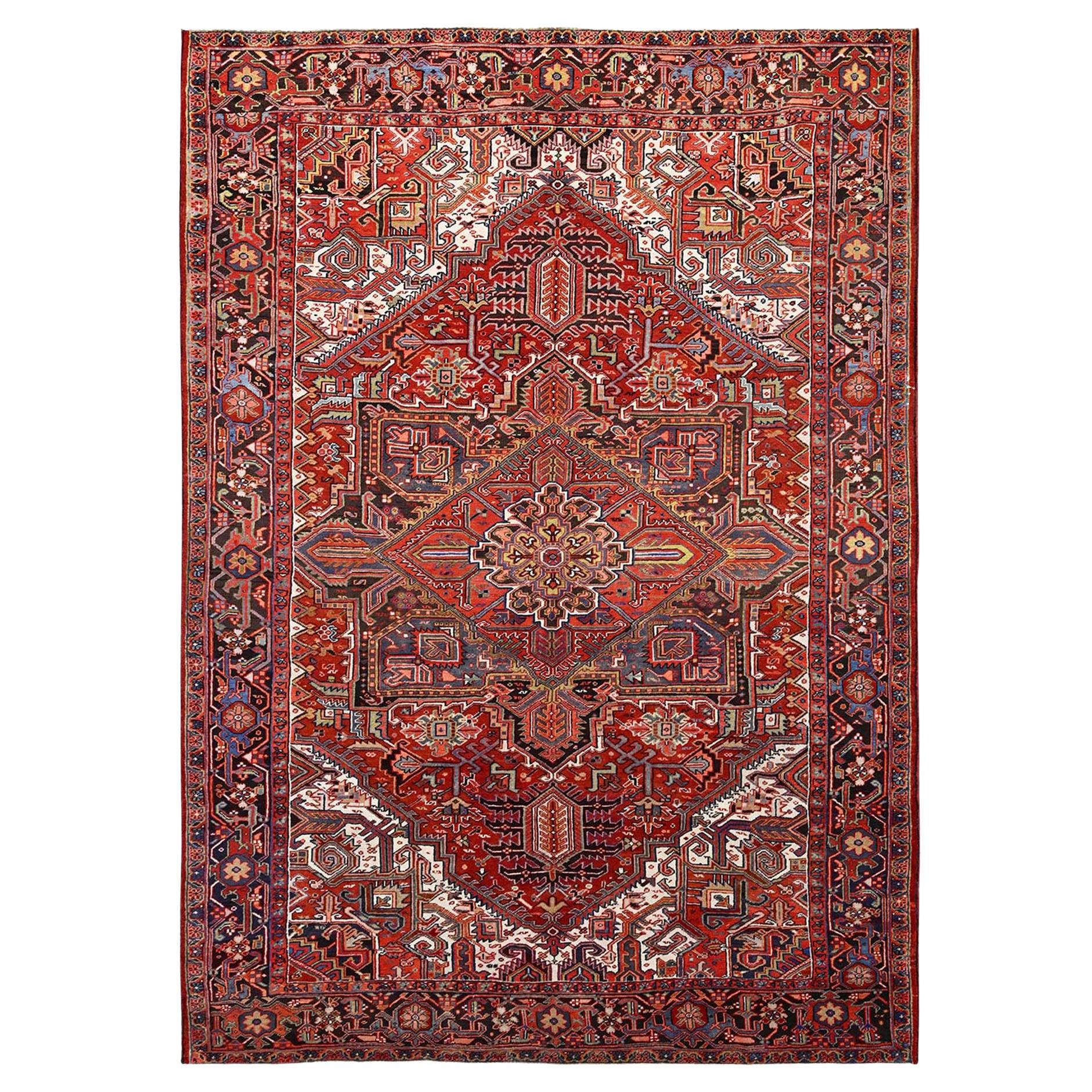 Red Hand Knotted Vintage Bohemian Persian Heriz Rustic Look Pure Wool ...