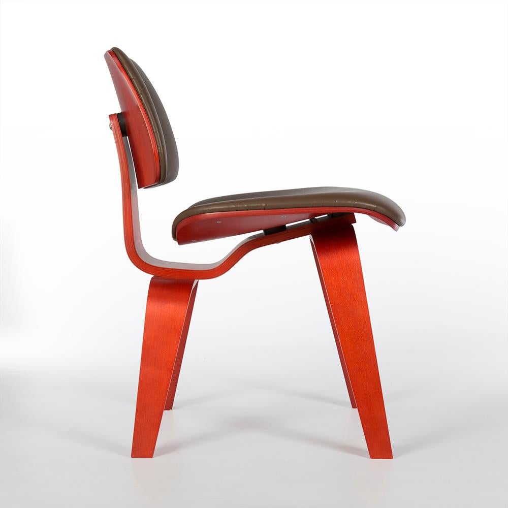 Red Herman Miller Eames Brown Cushioned DCW Molded Plywood Dining Chair ...