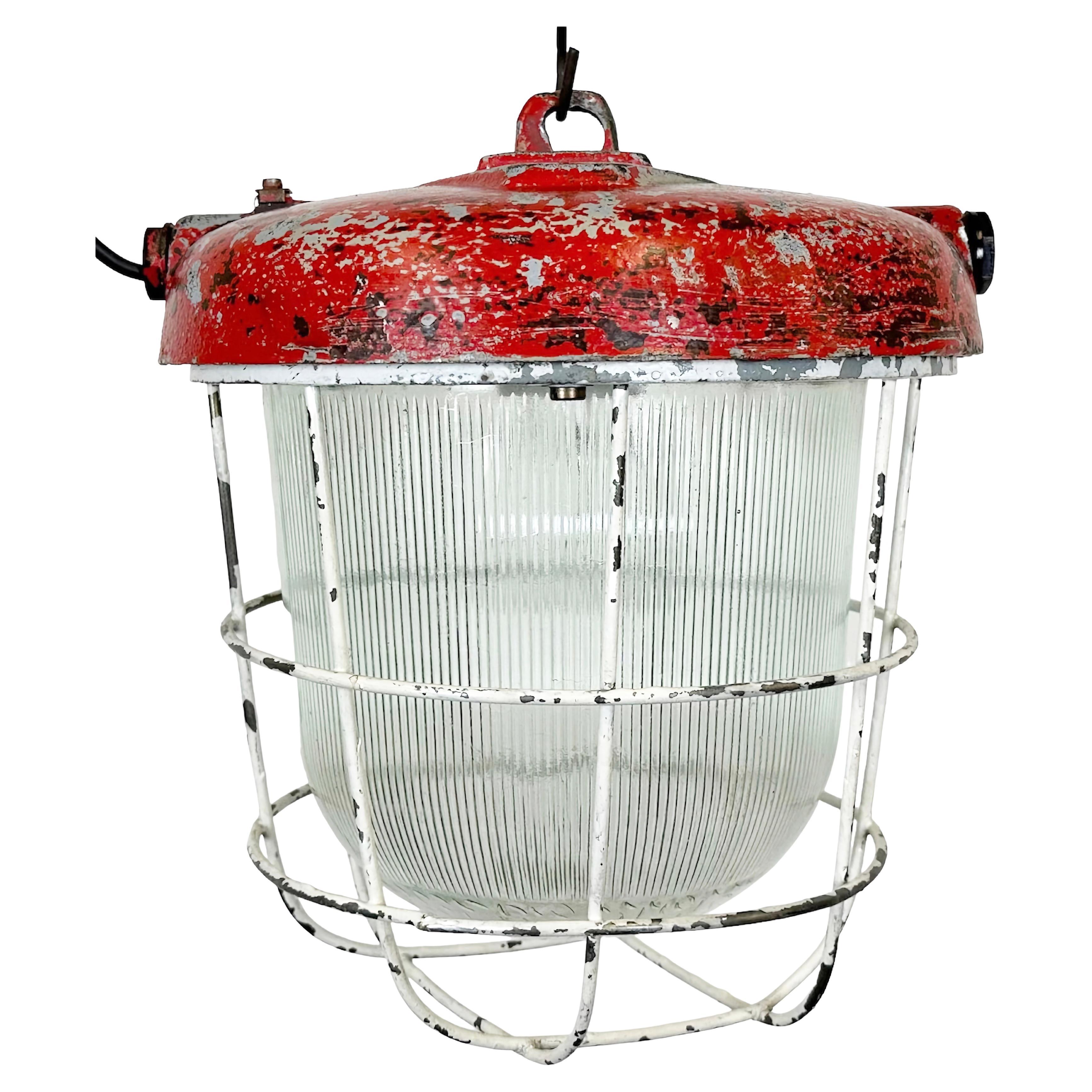 Red Industrial Cast Iron Cage Pendant Light, 1960s For Sale at 1stDibs