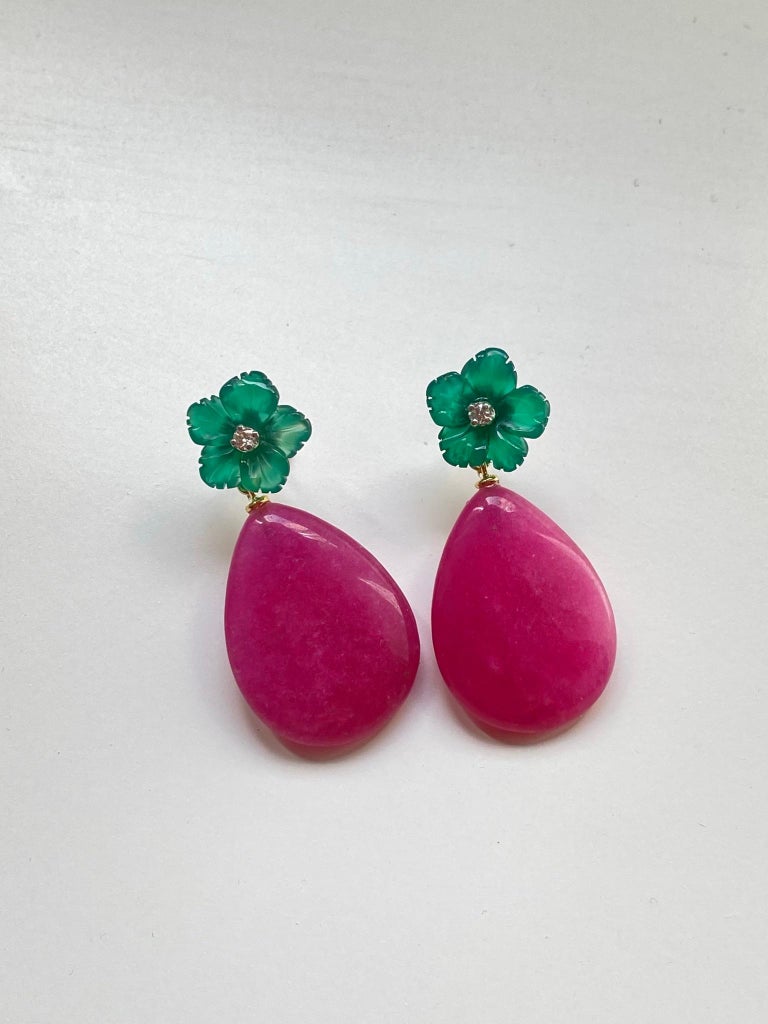 Magenta Jade Green Agate Diamonds 18K Yellow Gold Happy Flower Dangle ...