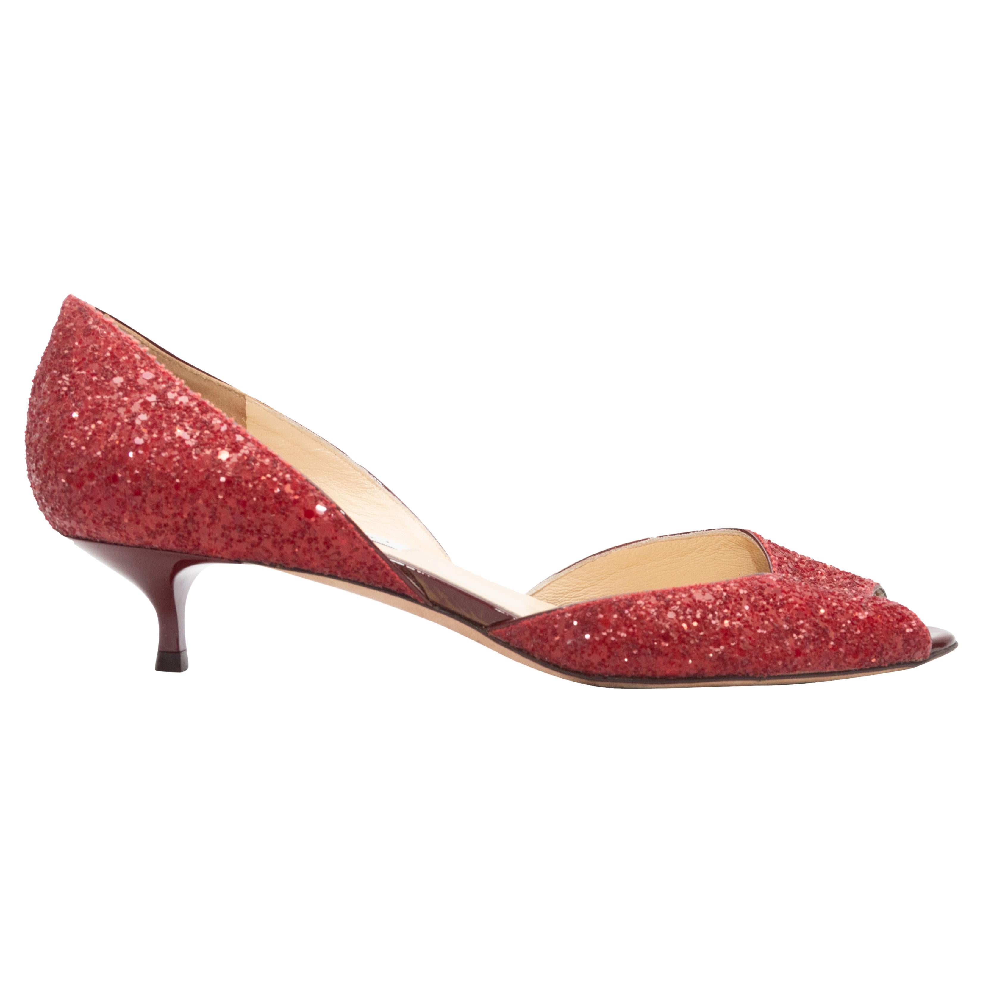 Red Jimmy Choo Glitter Peep-Toe Heels size 39 For Sale at 1stDibs