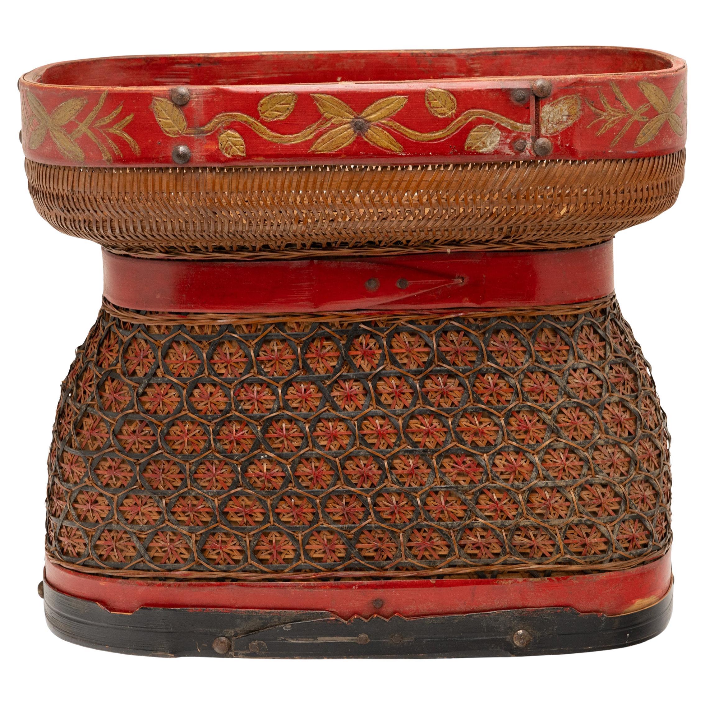 Red Lacquer Chinese Hourglass Basket For Sale at 1stDibs