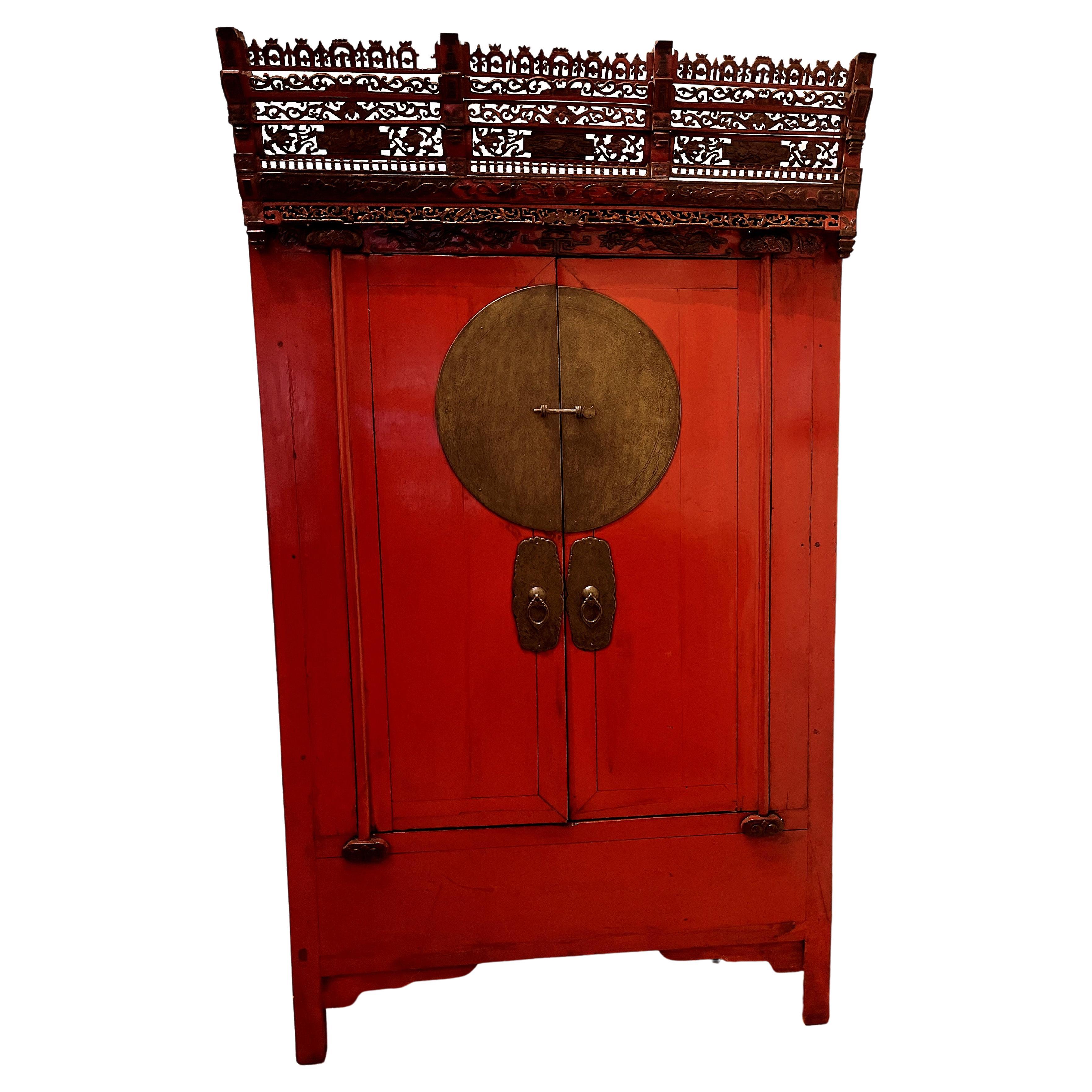 Red Lacquer Chinese Qing Dynasty Wedding Armoire For Sale at 1stDibs