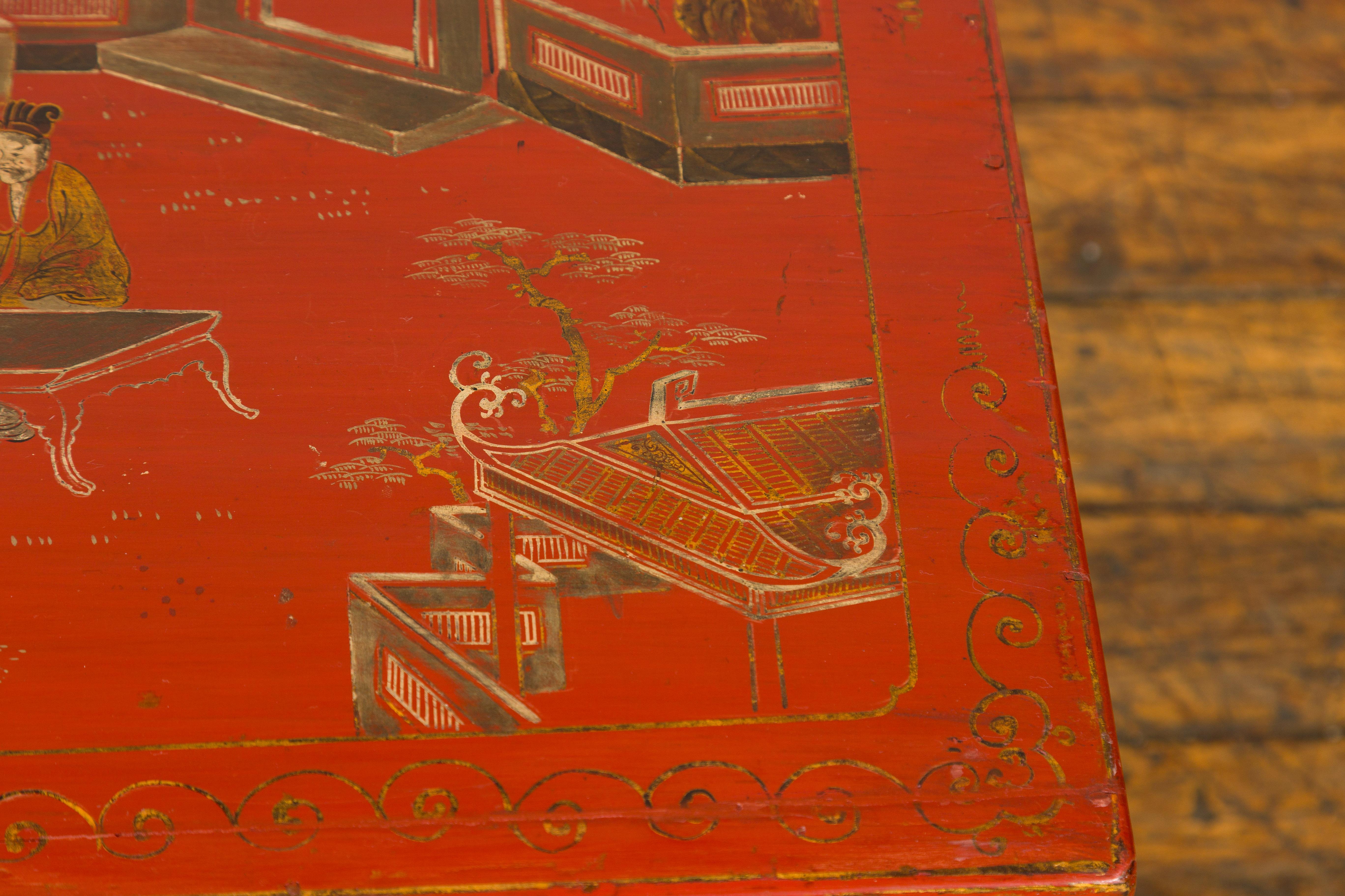 Red Lacquer Qing Dynasty Chinese Blanket Chest with Hand-Painted Gilt ...