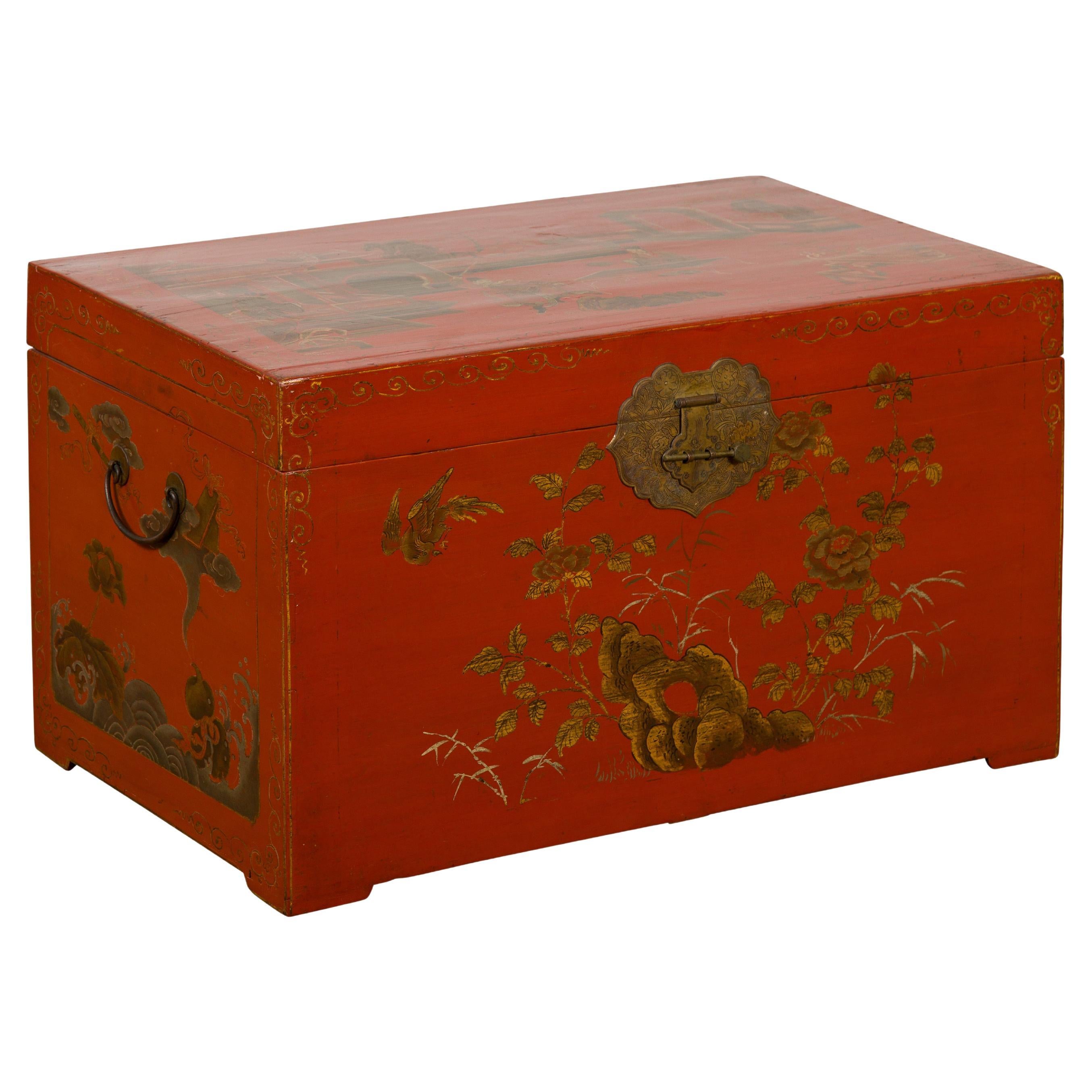 Red Lacquer Qing Dynasty Chinese Blanket Chest with Hand-Painted Gilt ...