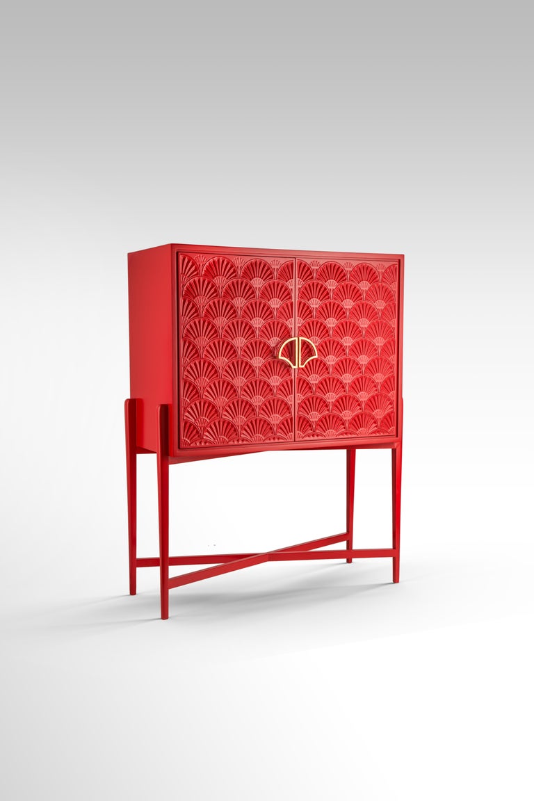 Red Lacquered Cocktail Cabinet with Carved Lotus Motif and Brass Lotus ...