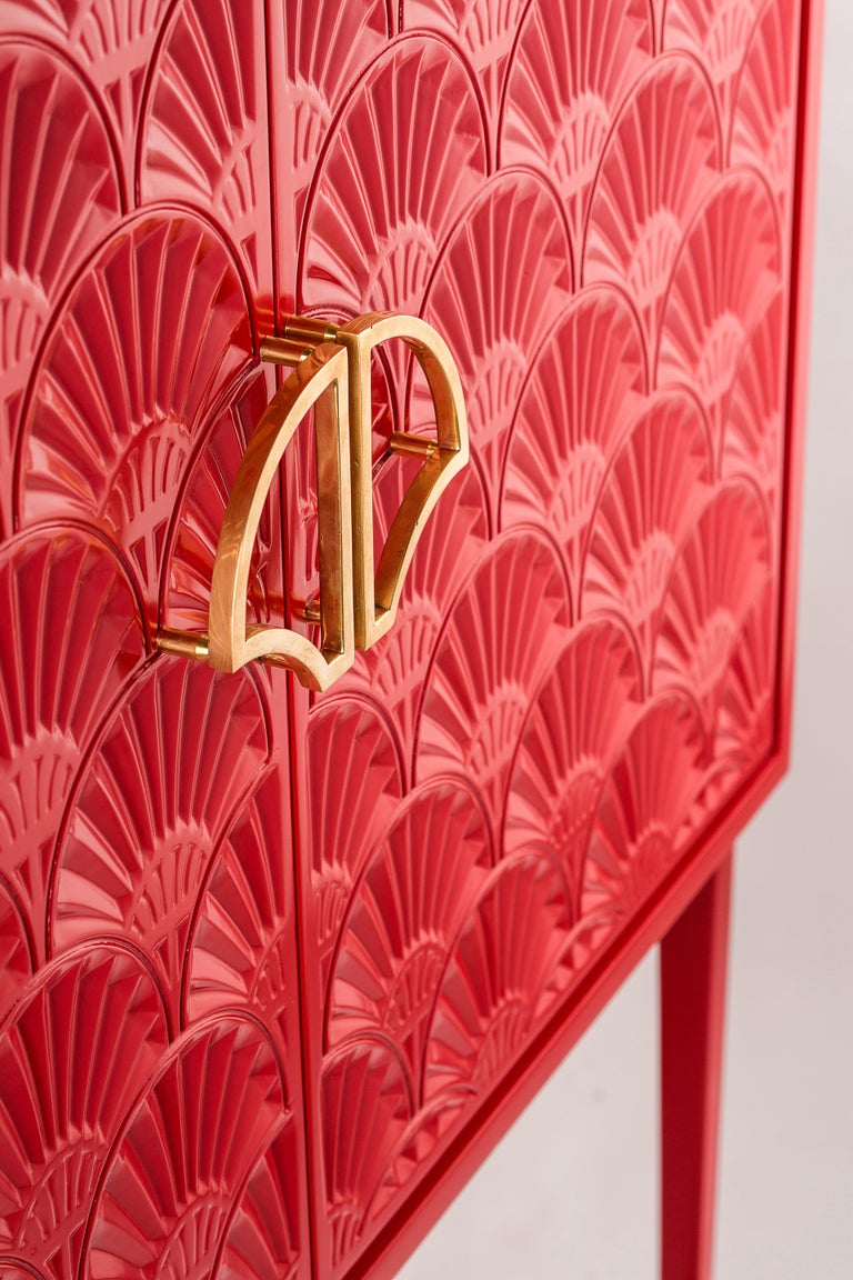 Red Lacquered Cocktail Cabinet with Carved Lotus Motif and Brass Lotus ...