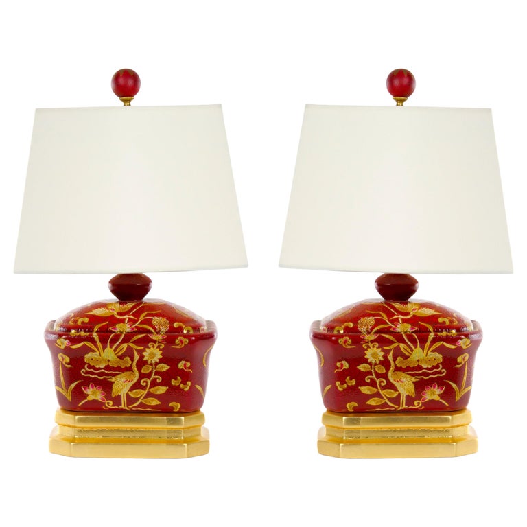 Red Lacquered Hand Decorated Chinoiserie Pair Lamp For Sale at 1stDibs
