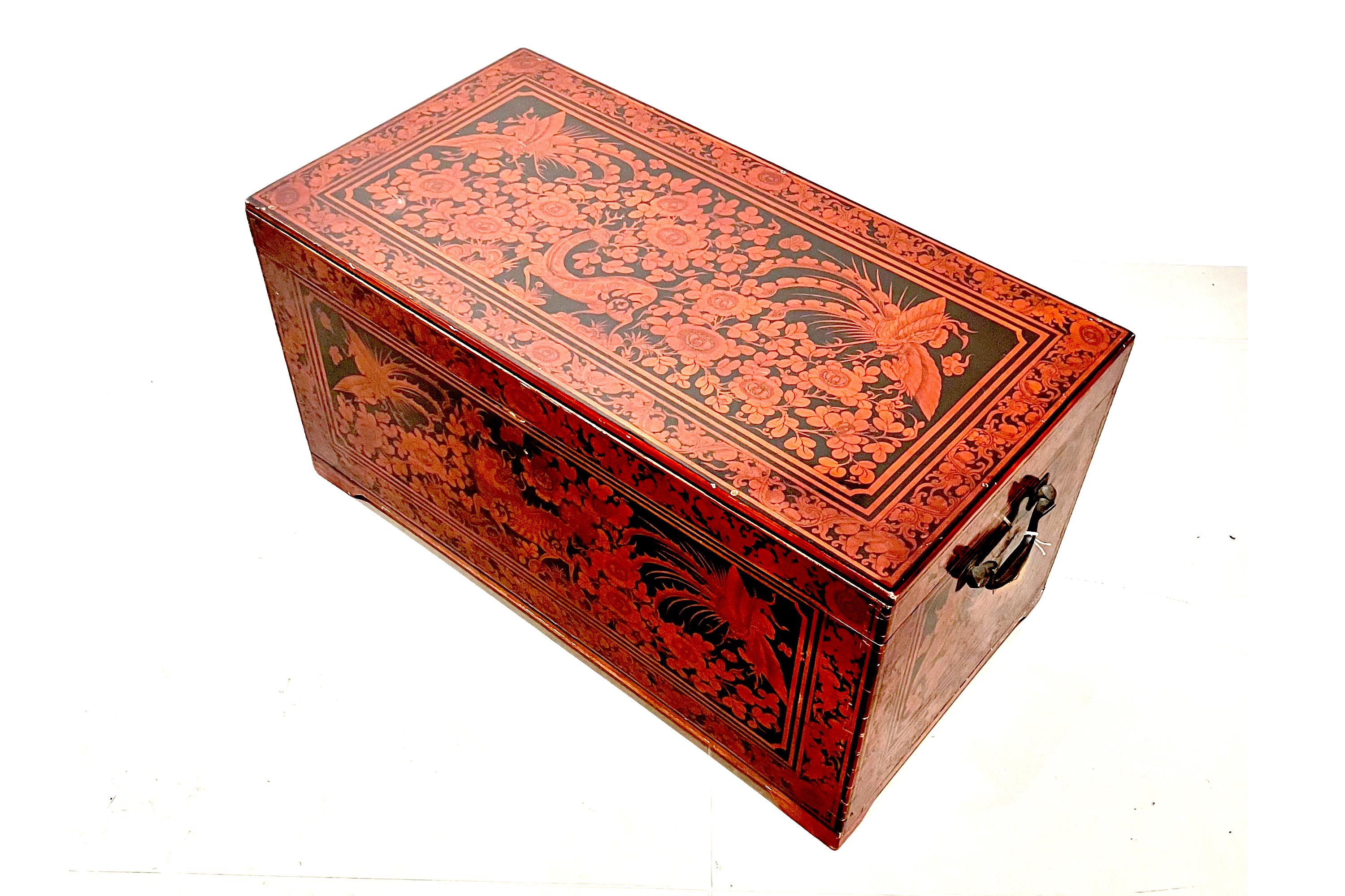 Red Lacquered Painted Chinese Trunk with Compartments and Counters ...
