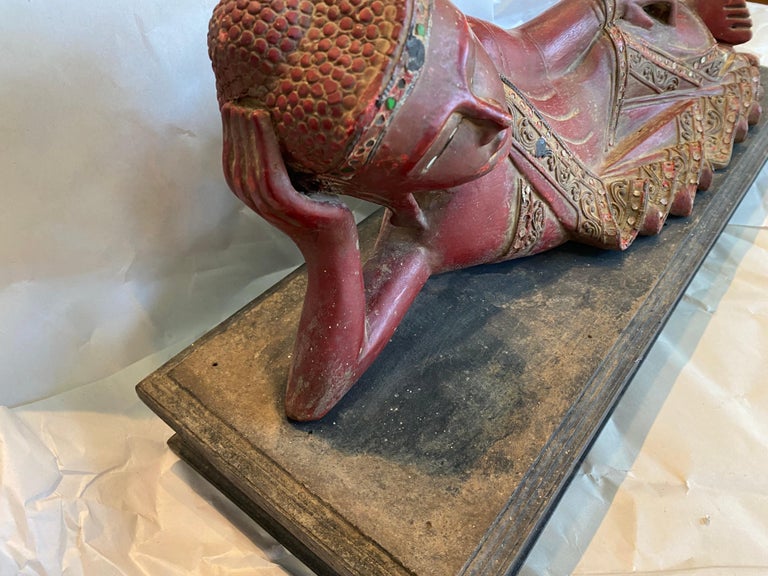 Red Lacquered Wooden Nirvana Buddha on Stand For Sale at 1stDibs