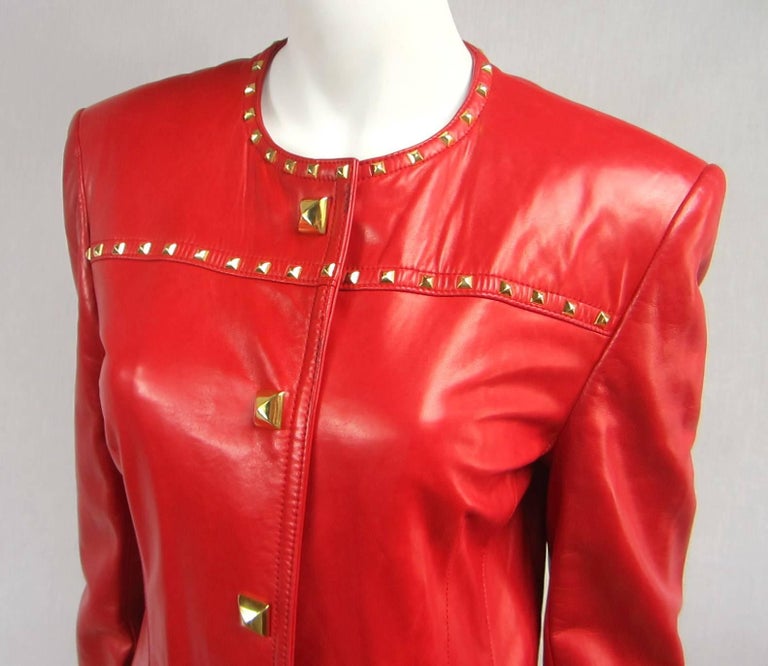 Red Leather Escada Gold Studded Blazer Jacket 1990s For Sale at 1stDibs