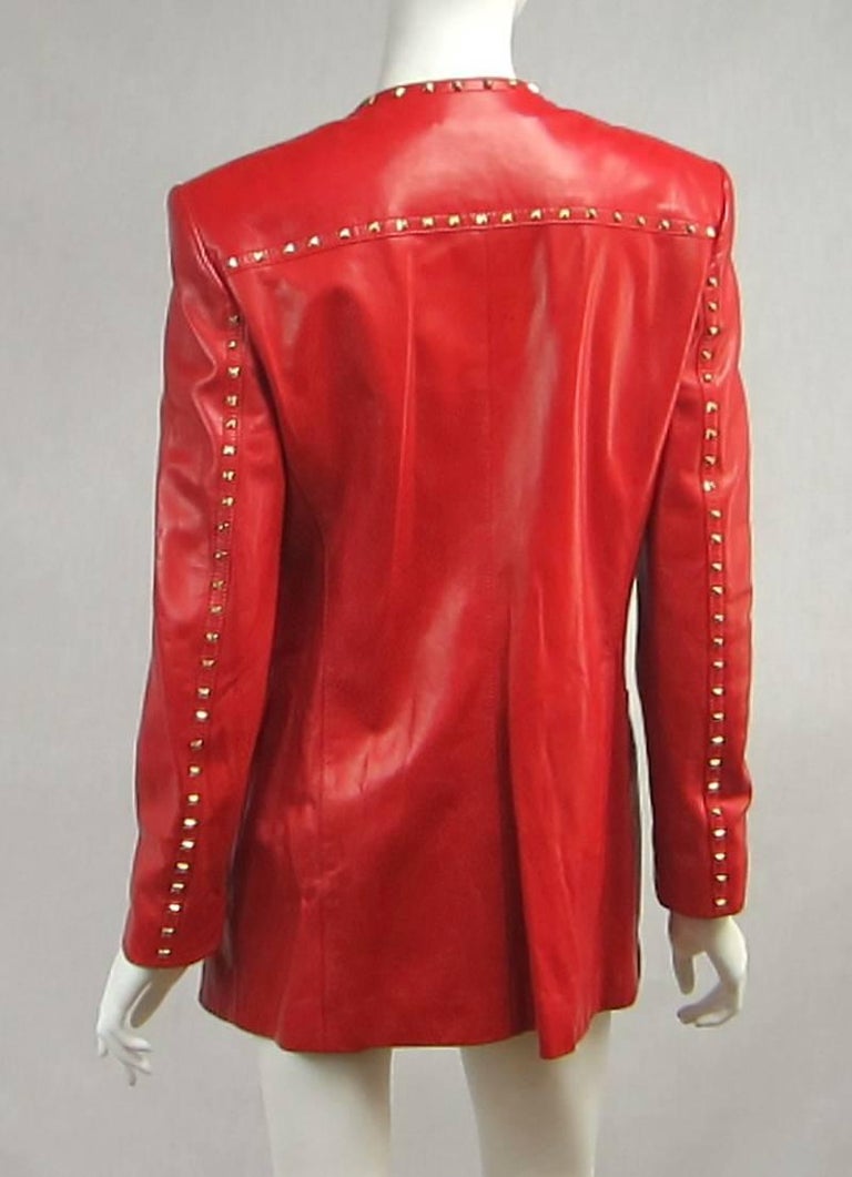 Red Leather Escada Gold Studded Blazer Jacket 1990s For Sale at 1stDibs