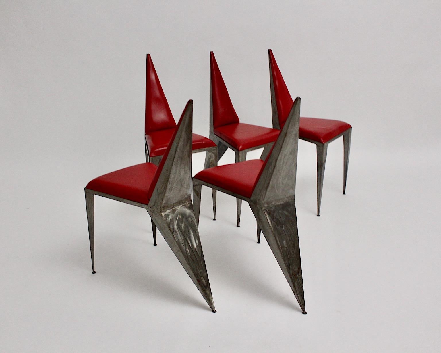 Red Leather Iron Vintage Geometric Dining Chairs or Chairs Modern 1960s ...